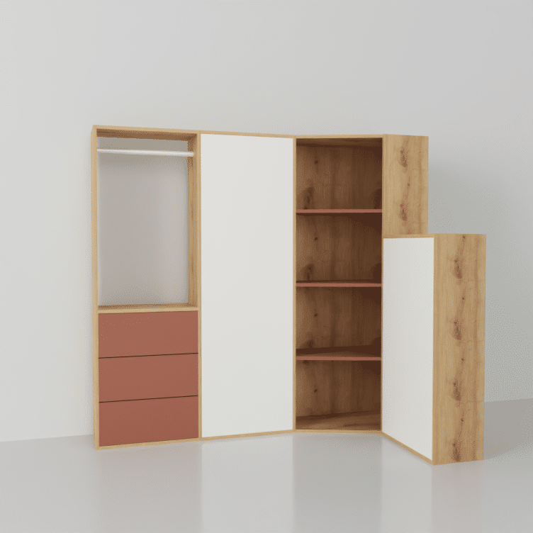 Penderie en angle avec penderie, étagères et tiroirs