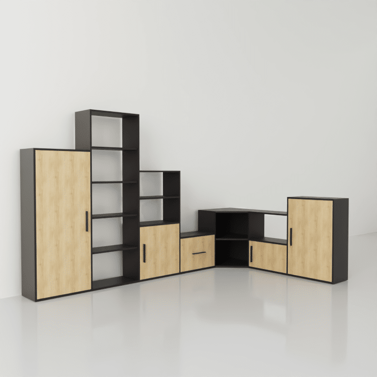 Meuble en angle noir et bois : optimisez votre surface disponible
